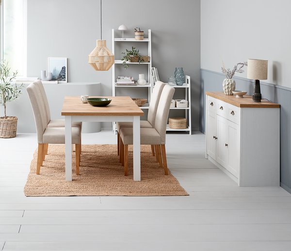 MARKSKEL L150/193 table white/oak+4 TUREBY chairs beige | JYSK